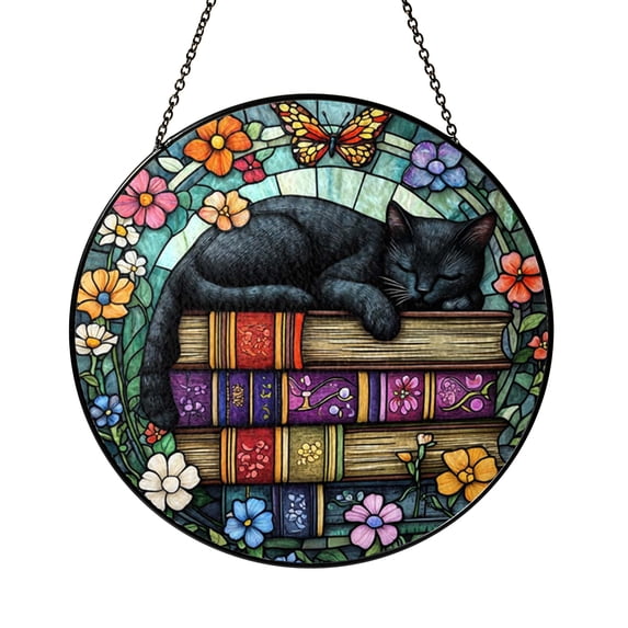 Book Lover Cat Stained Glass Suncatcher Window Hanging, Reading Theme ...