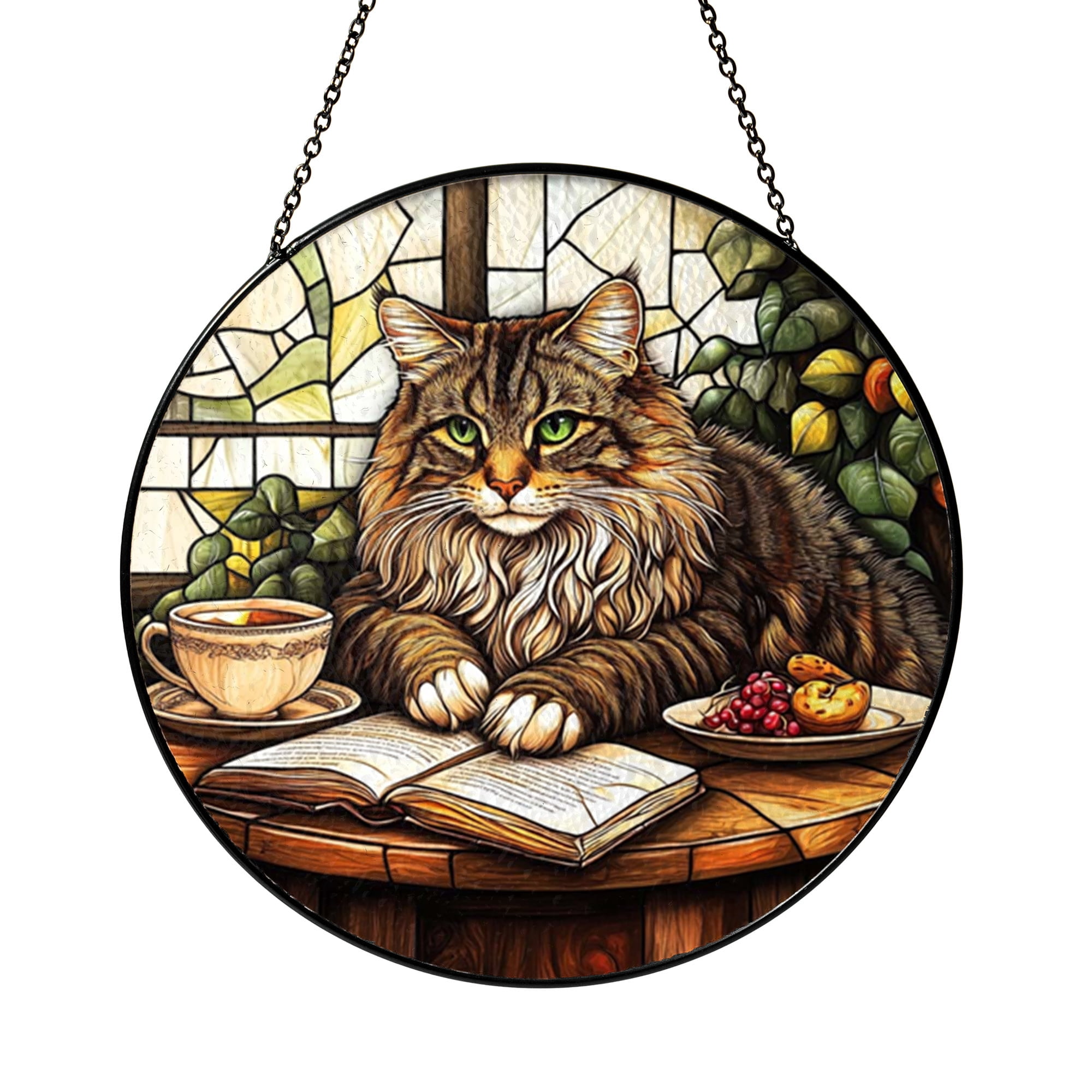 Book Lover Cat Window Hanging – Stained Glass Style Whimsical Decor ...