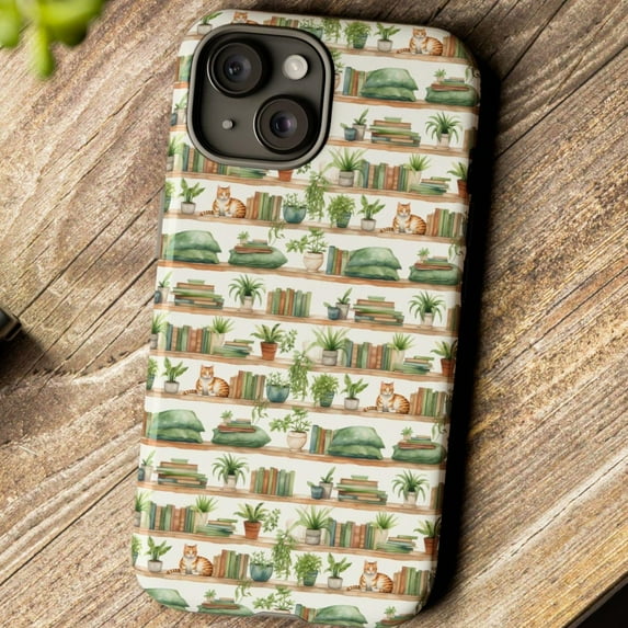 Book Lover Cats Library House Plants Phone Case with iPhone 17 to 11 ...