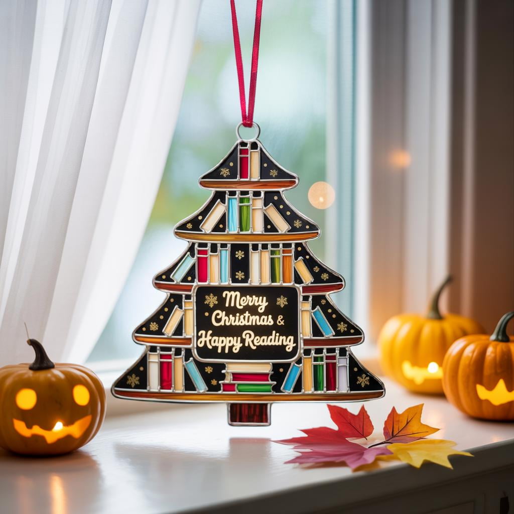 Book Lover Christmas Acrylic Suncatcher, Holiday Reading Tree Ornament ...