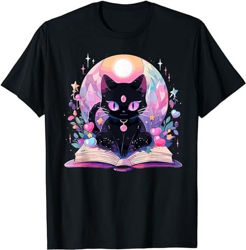 Book Lover Crystal Witchy Cute Black Cat Kawaii Pastel Goth T-Shirt ...
