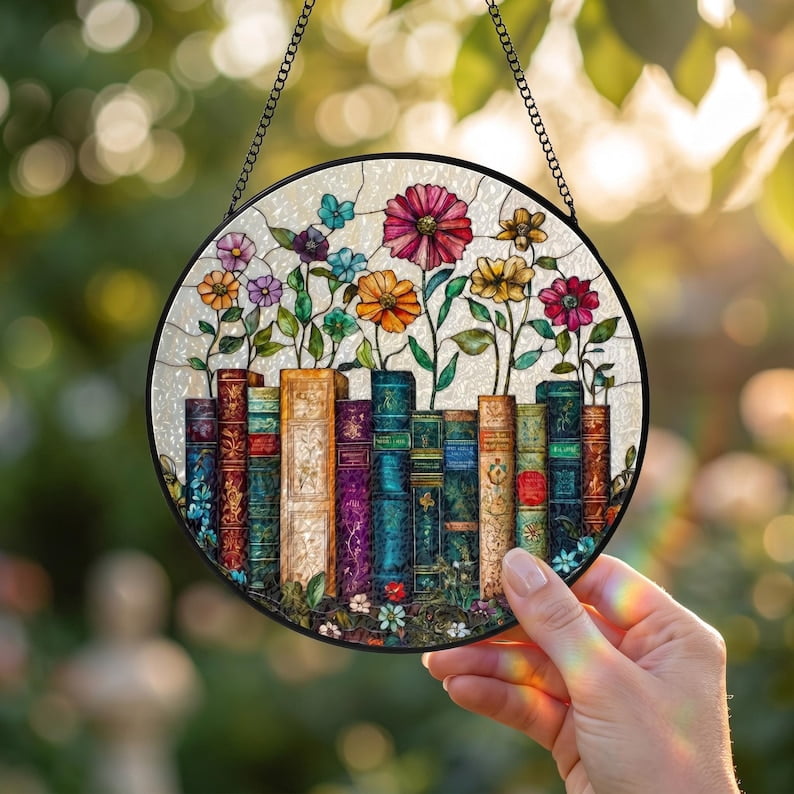 Book Lover Gift Stained Glass Suncatcher, Floral Bookcase Window ...