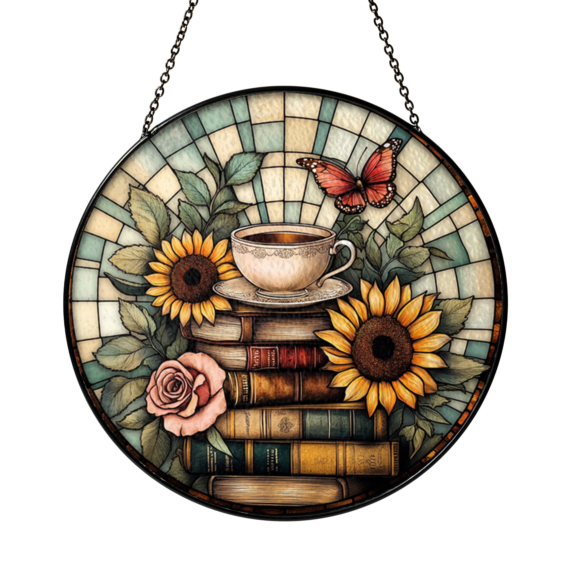 Book Lover Glass Suncatcher Window Decor, Stained Glass Effect Books ...