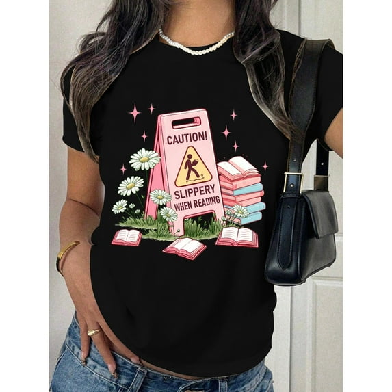 Book Lover Graphic Tee T-Shirt Cotton Top Slippery When Reading Design ...