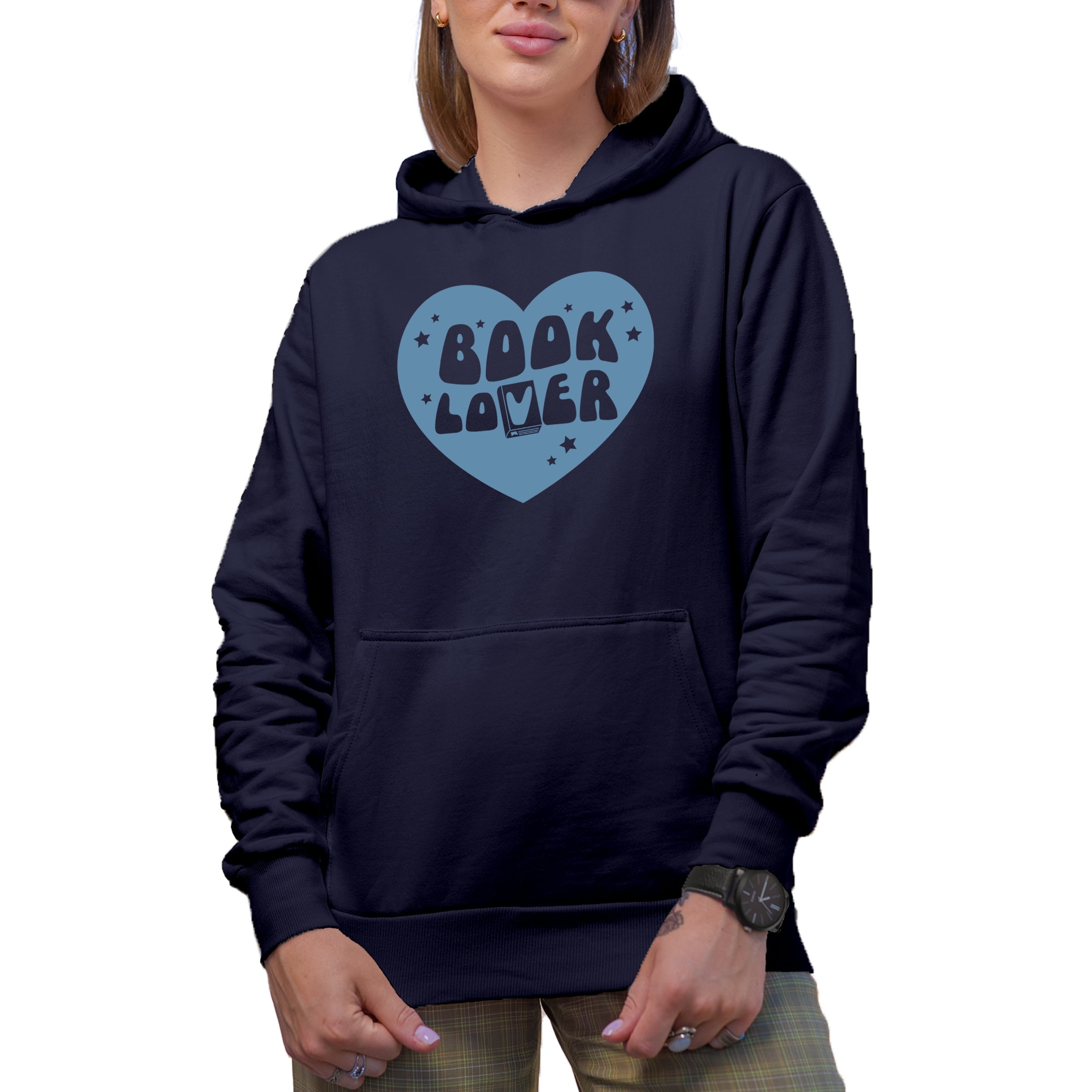 Book Lover & Heart Art, Reading Enthusiast Merch Gift, Navy Blue Hooded ...