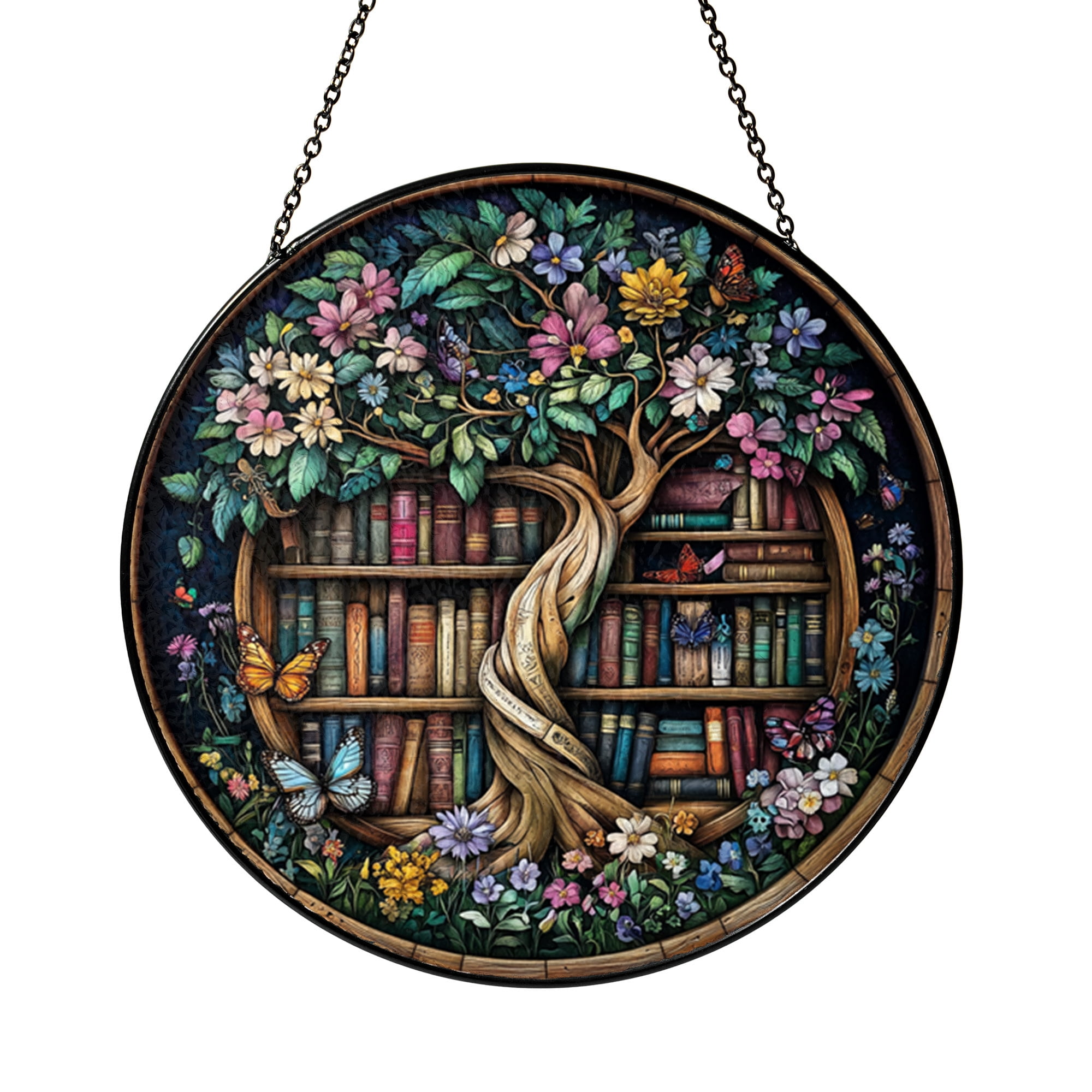 Book Lover Library Tree Stained Glass Suncatcher – Floral Window Art ...