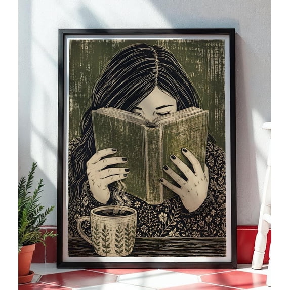 Book Lover Linocut Reading Girl Dark Academia Literary Wall Art Poster ...