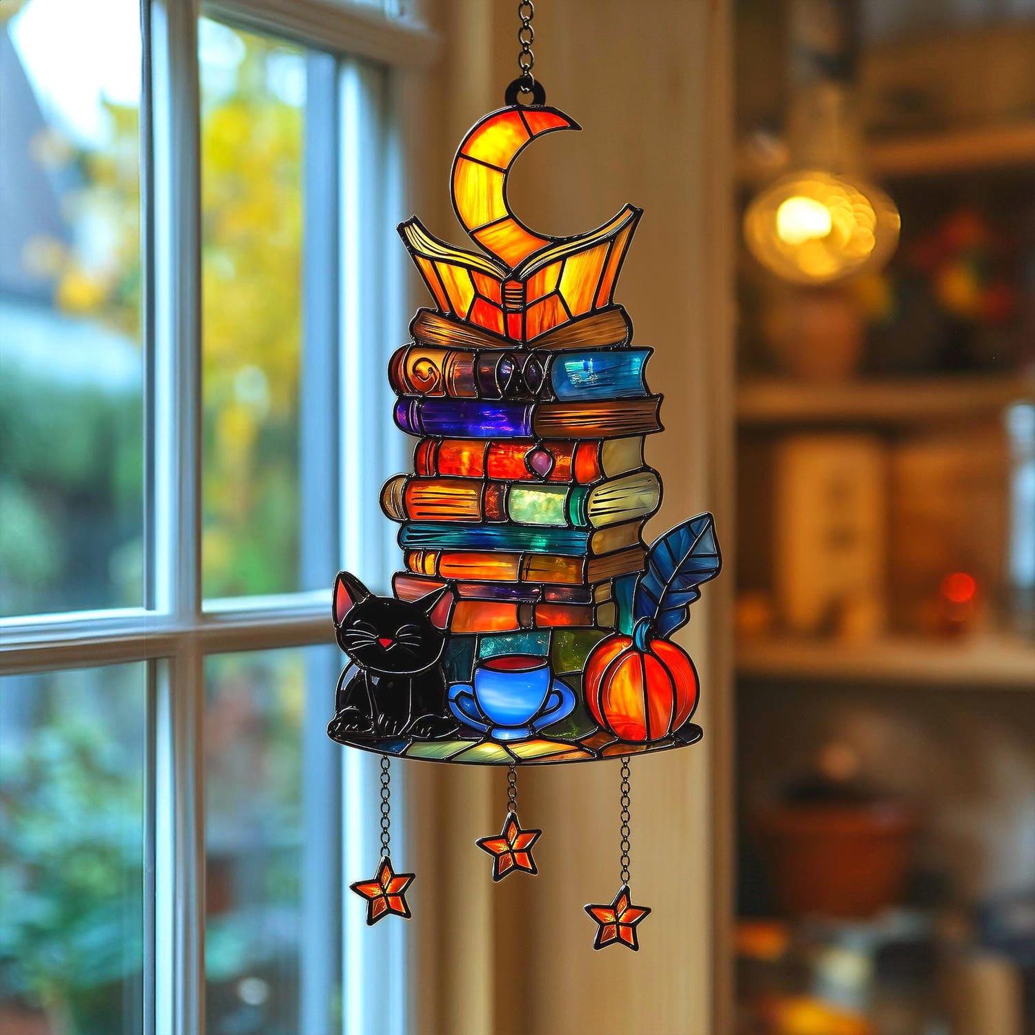 Book Lover Moon Stack Acrylic Suncatcher, Cat & Pumpkin Faux Stained ...