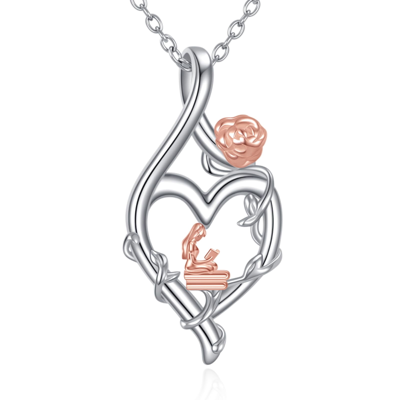 Book Lover Necklace 925 Sterling Silver Reading Pendant Jewelry Gift ...