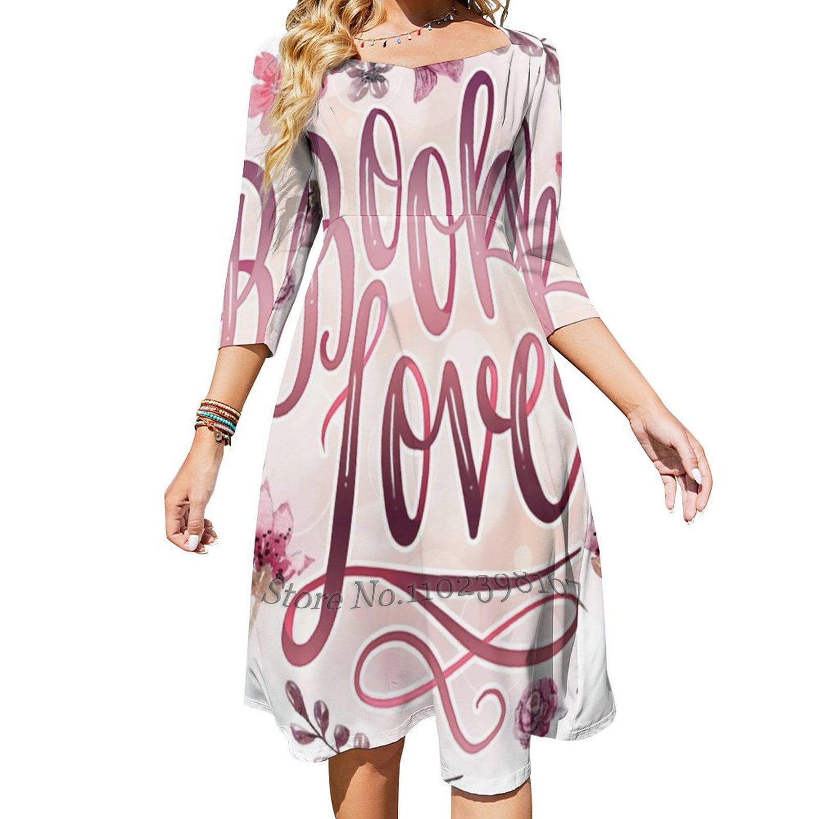 Book Lover Square Neck Dress Cute Loose Print Dresses Elegant Beach ...