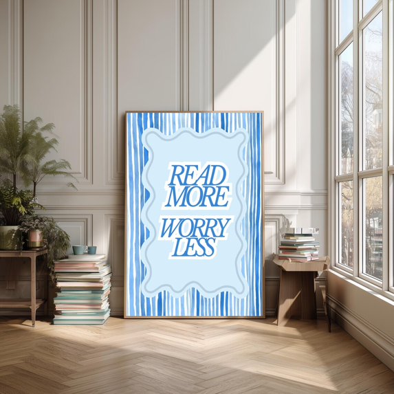 Book Lover Wall Art – Blue Quote Print, Read More Worry Less Poster ...