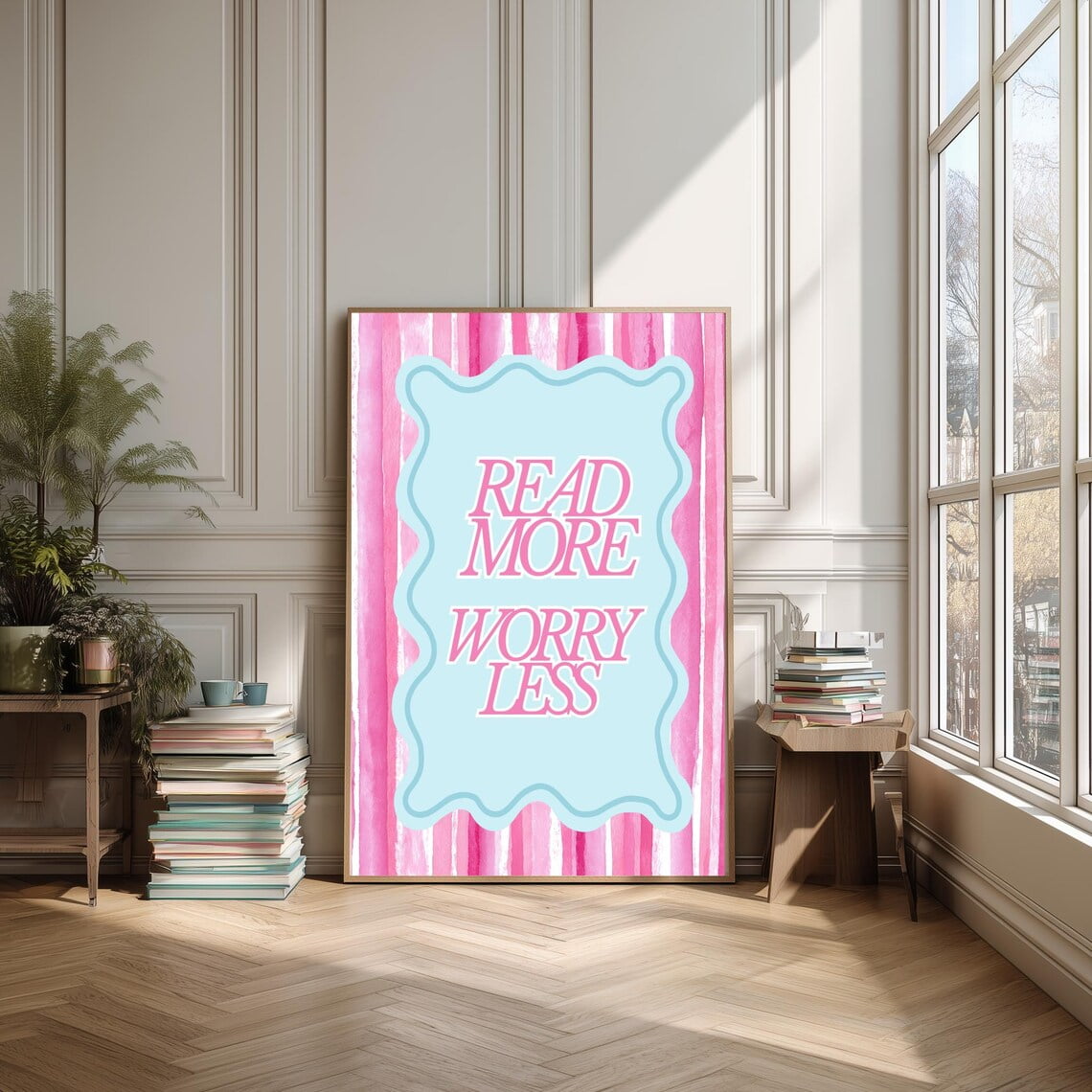 Book Lover Wall Art – Pink Quote Print, Read More Worry Less Poster ...