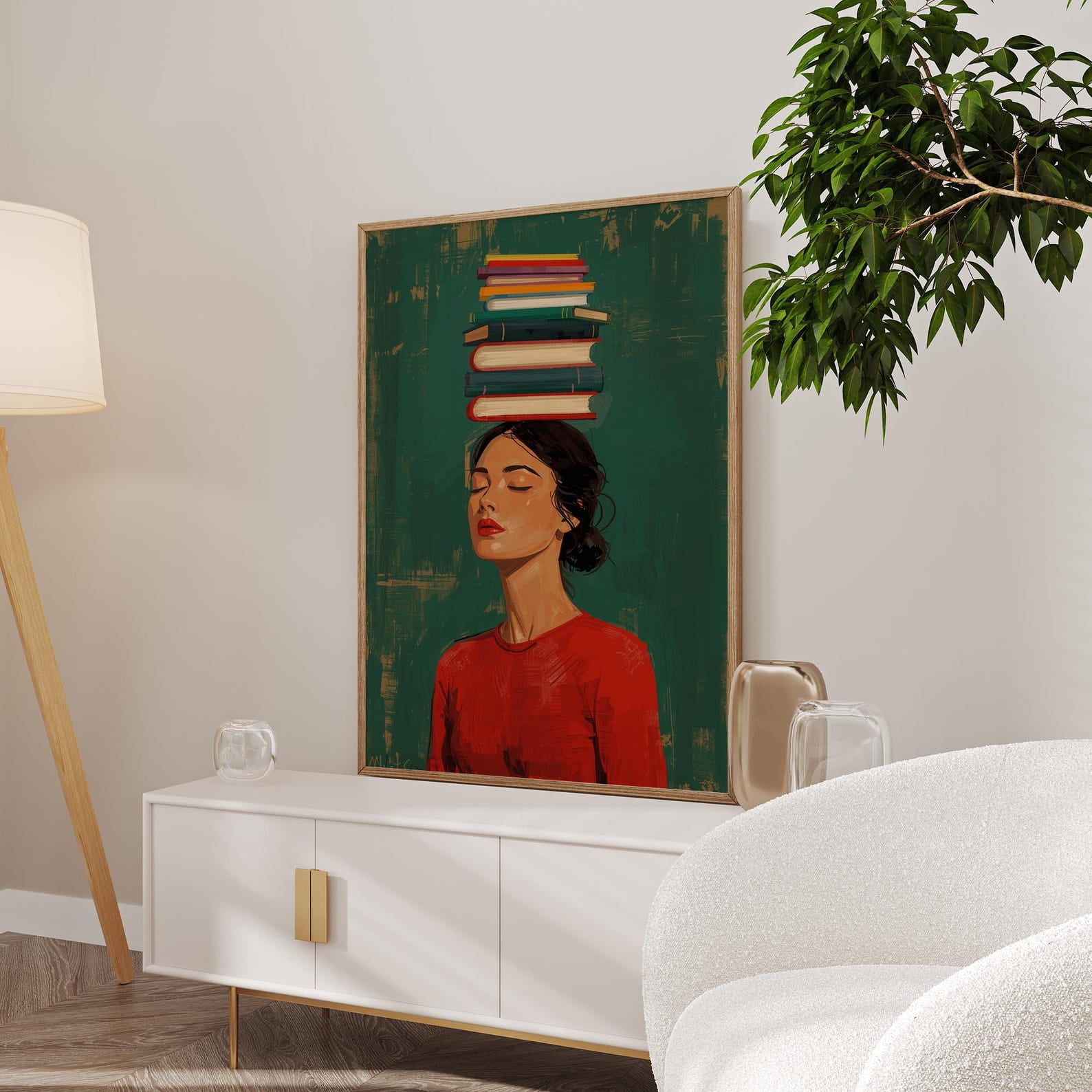 Book Lover Wall Art, Woman with Books on Head Print, Literary Decor ...