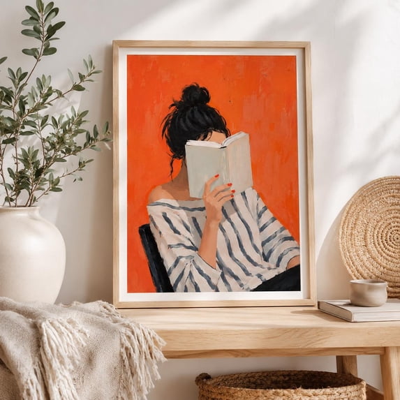 Book Lover Wall Art Woman Reading Modern Literary Decor Bold Orange ...