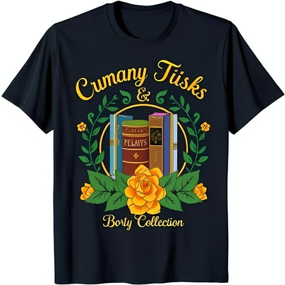 Book Lover s Blue T-Shirt with Golden Book Stack & Floral Design ...