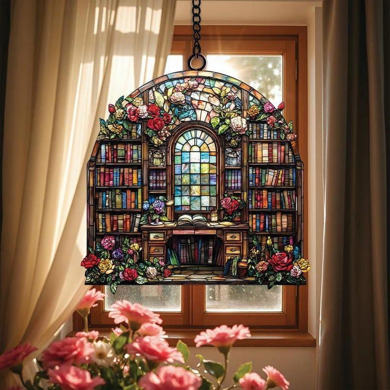 Book Lover’s Library Bookshelf Suncatcher, Acrylic Faux Stained Glass ...