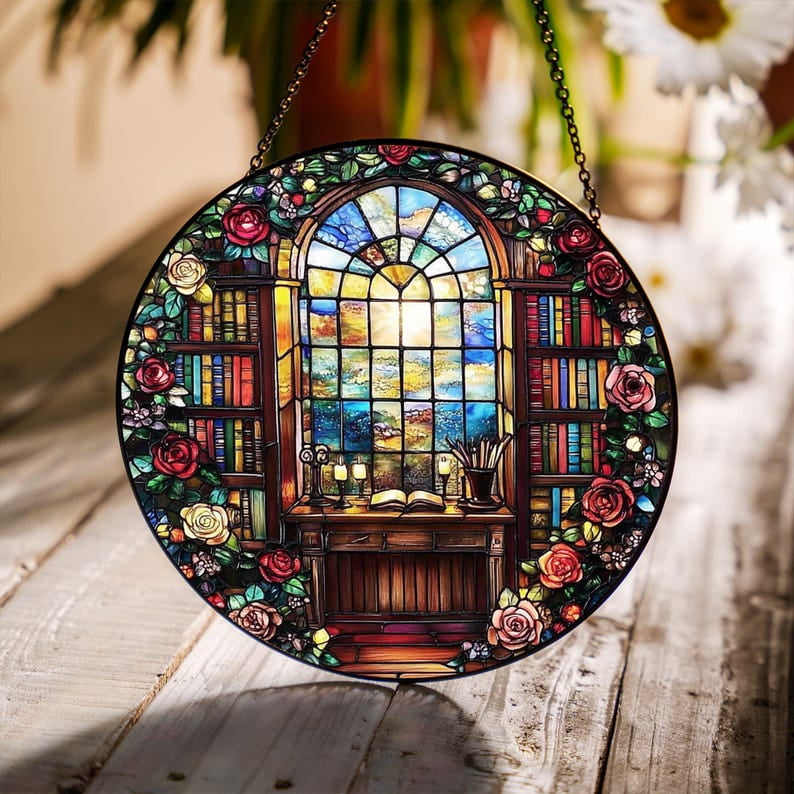 Book Lover’s Library Bookshelf Suncatcher, Glass Faux Stained Glass ...