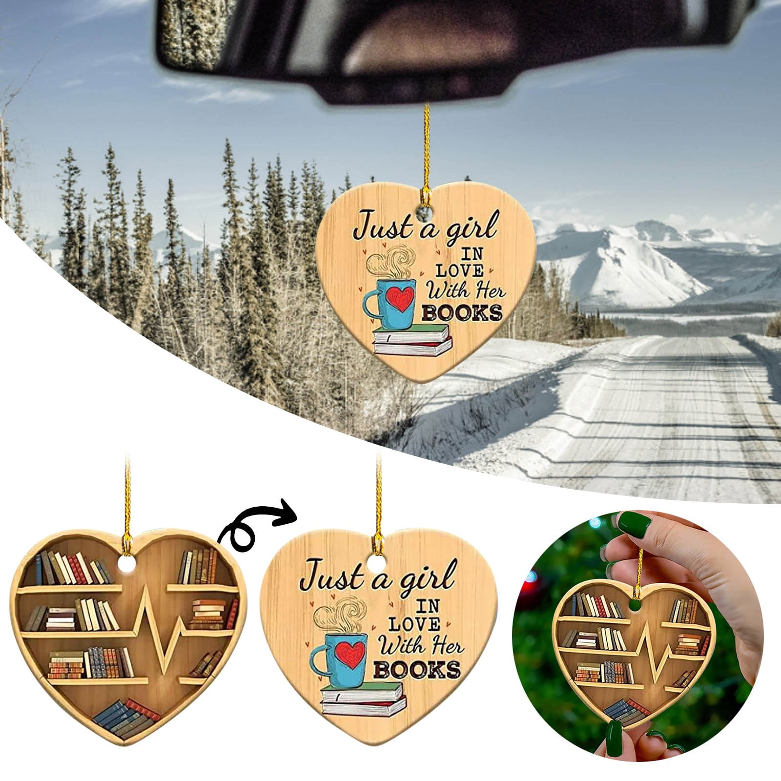 Book Lovers Heart Shaped Bookshelf Pendant Wood Ornament Home Literary ...