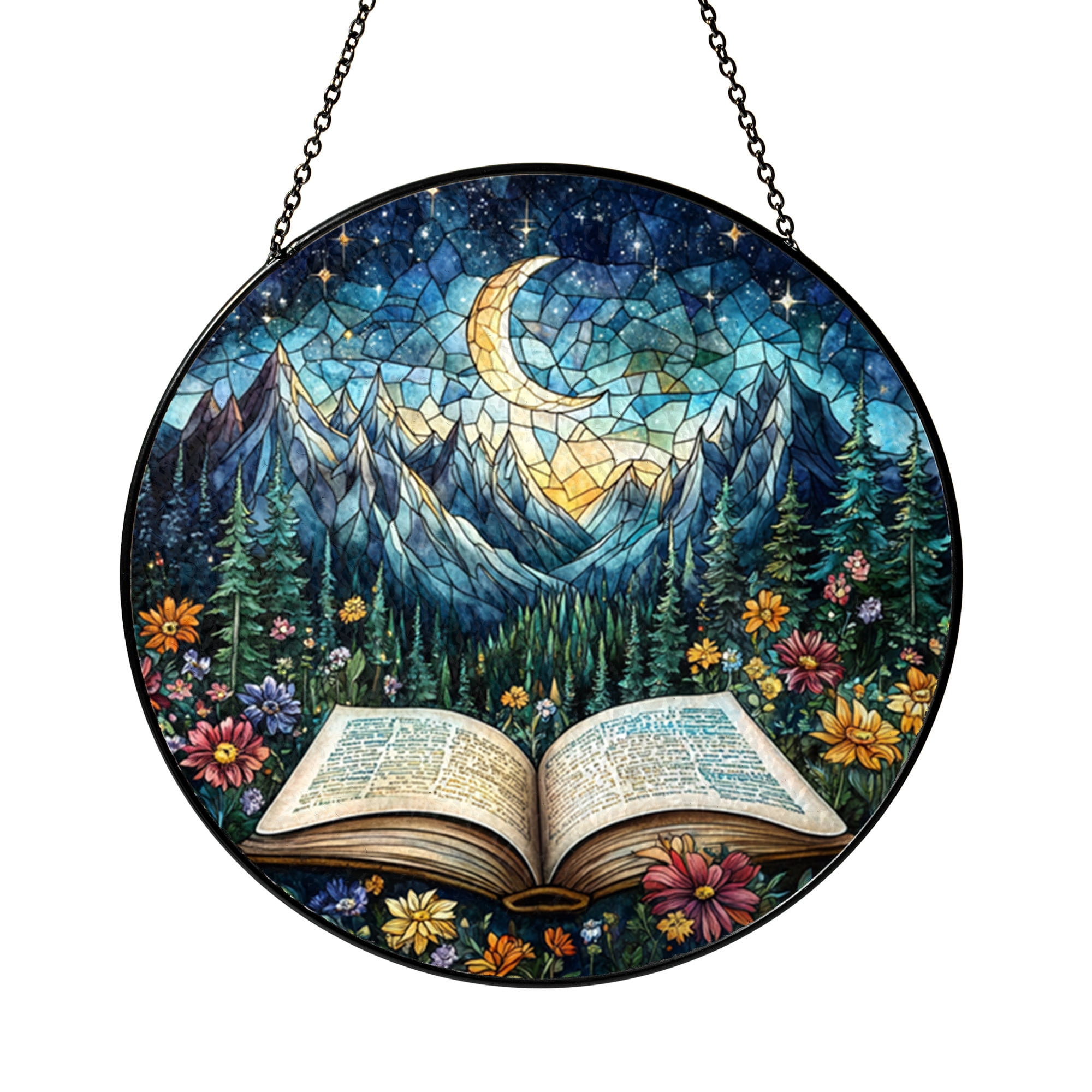 Book Mountain Stained Glass Style Suncatcher, Fantasy Reading Nook ...
