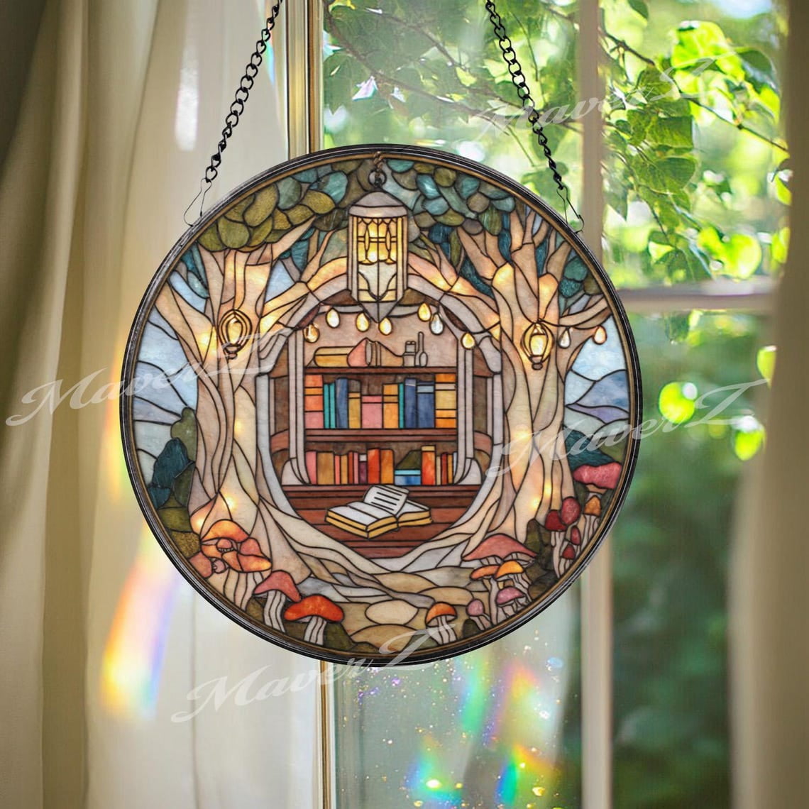Book Nook Glass Suncatcher, Round Library Window Panel Lanterns, 3.5 in ...