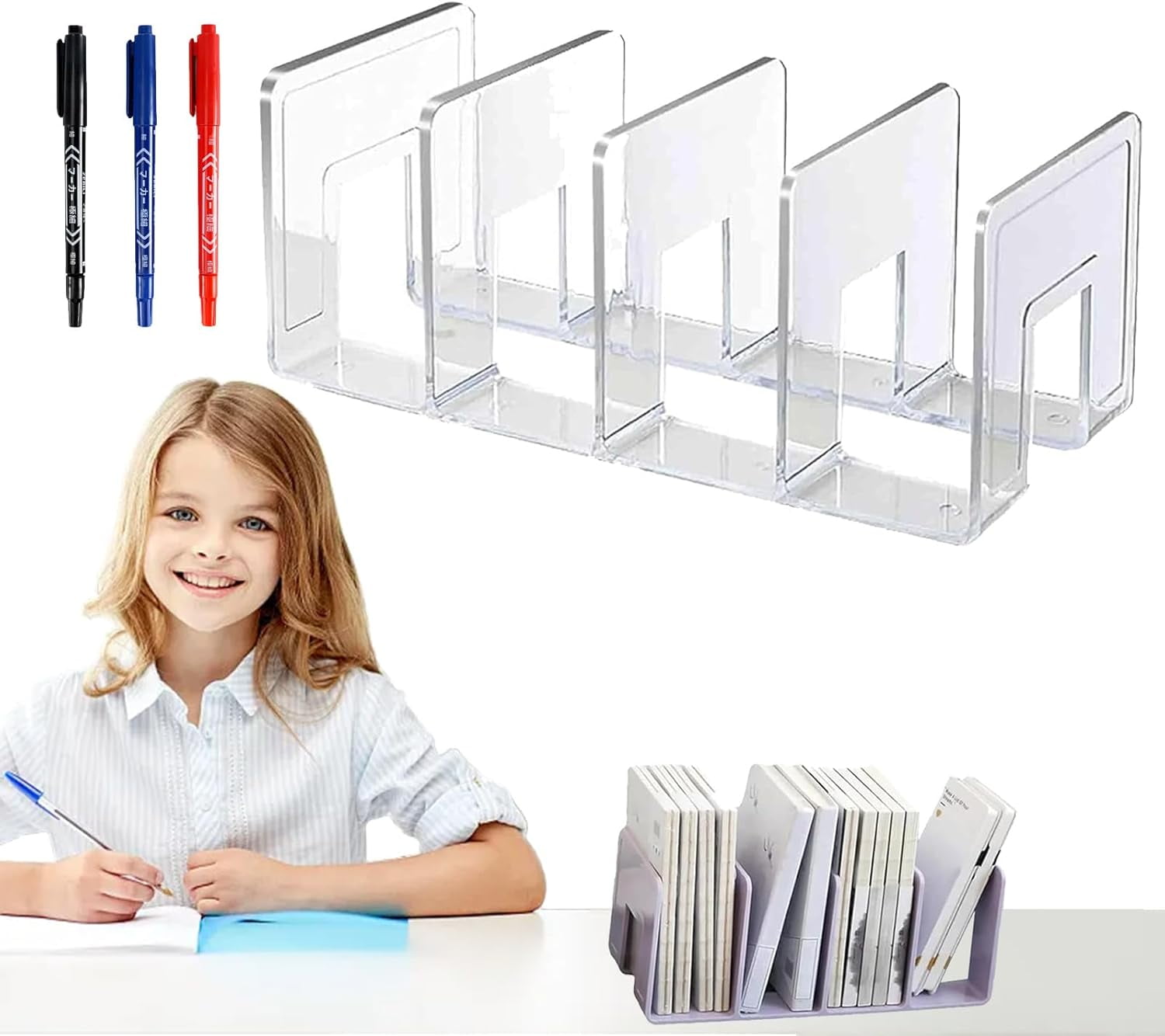 Book Organizer with 4 Compartments, Desktop Acrylic File Organizer, 4 ...