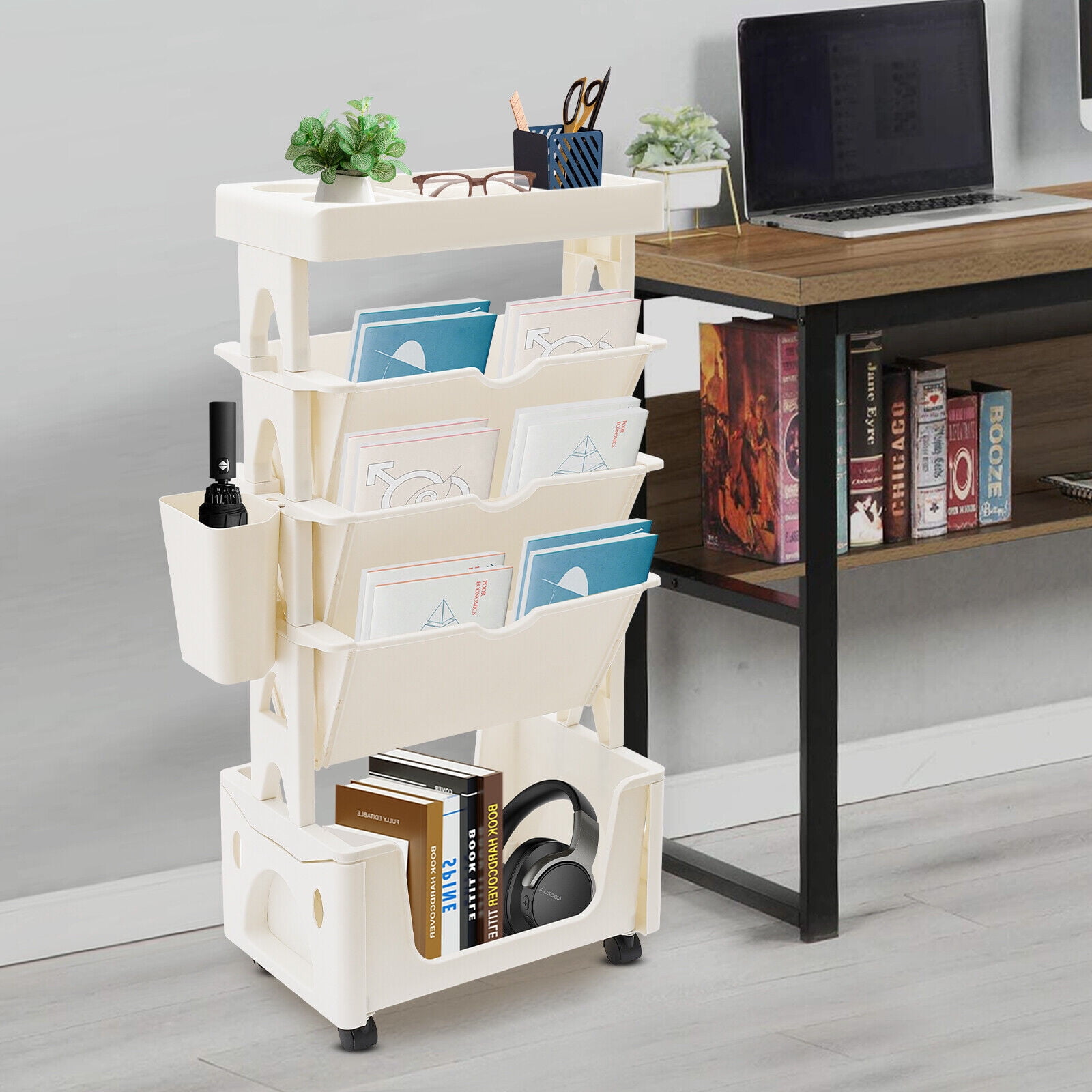 Book Rack, 5 Tier Rolling Utility Cart Multi-Functional Movable Storage ...