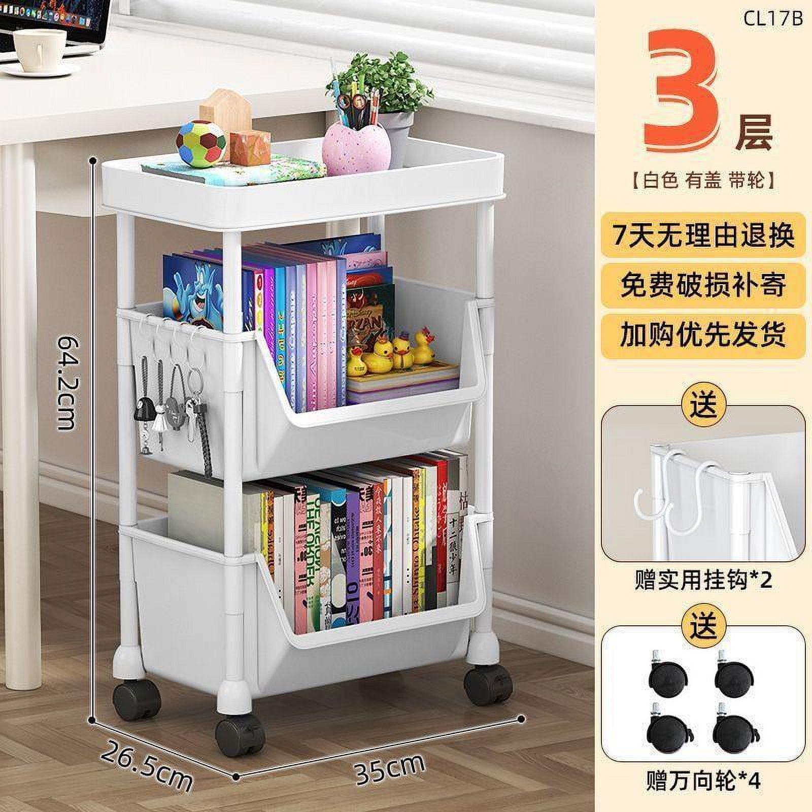 Book Rack Roller 3-tier Storage Bookshelf Movable Unique Bookcase for ...