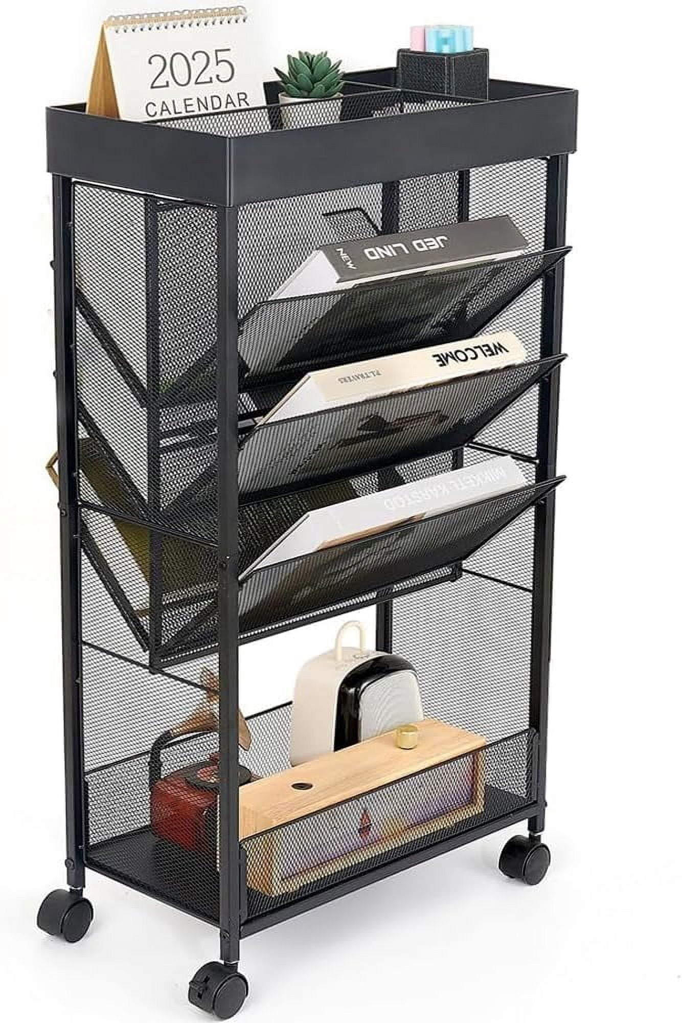 Book Rack Storage Bookshelf, 5 Tier Book Carts with Wheels, Rolling ...
