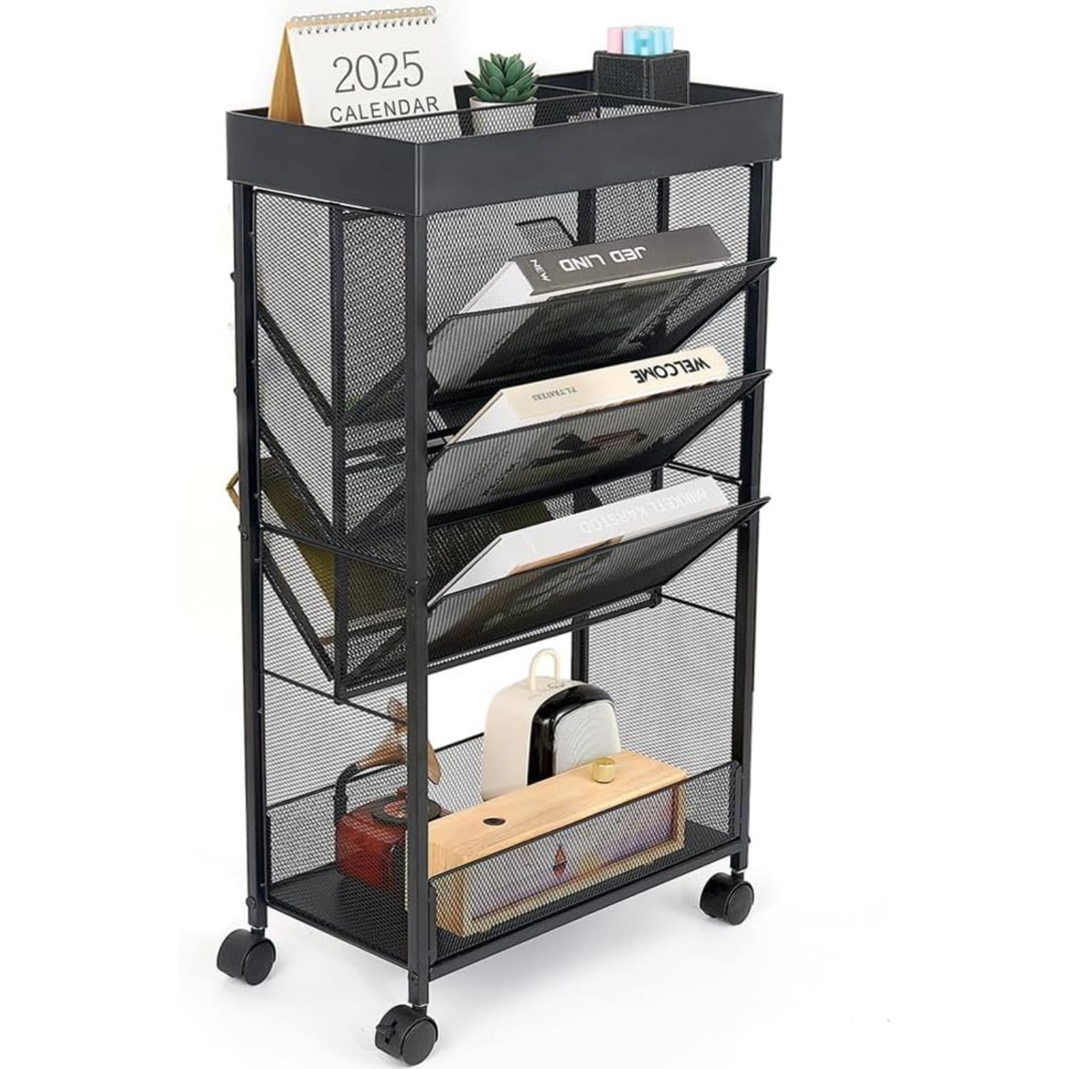 Book Rack Storage Bookshelf, 5 Tier Book Carts with Wheels, Rolling ...