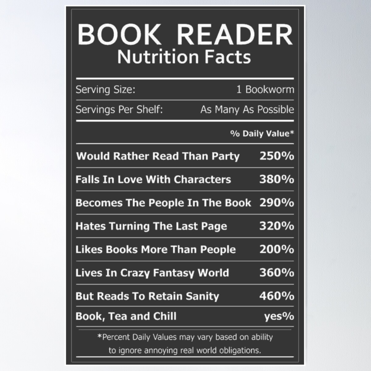 Book Reader Nutrition Facts For Bookworms Poster Wall Art, Modern Wall ...