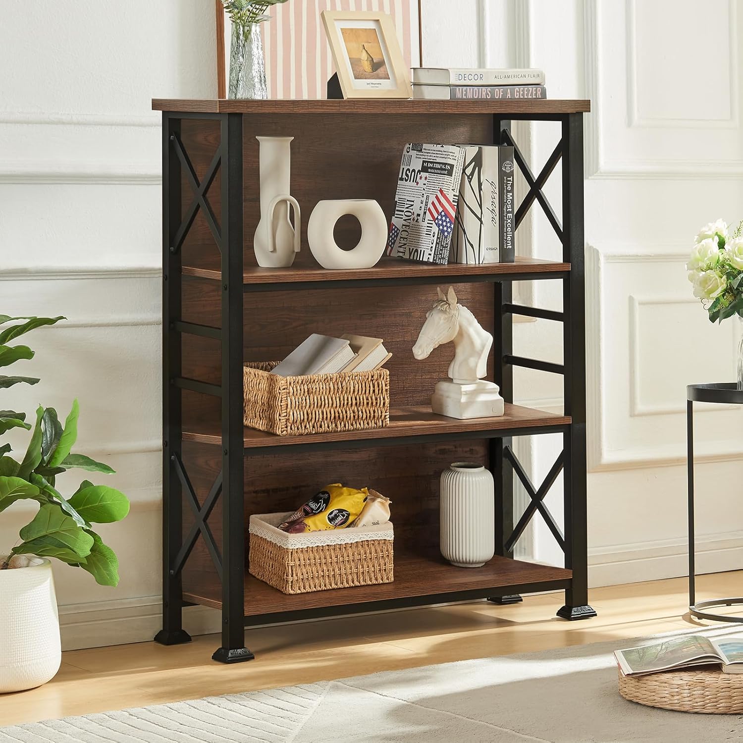 Book Shelf 3 Tier Bookshelf with Metal Frame and Backboard Shelf ...