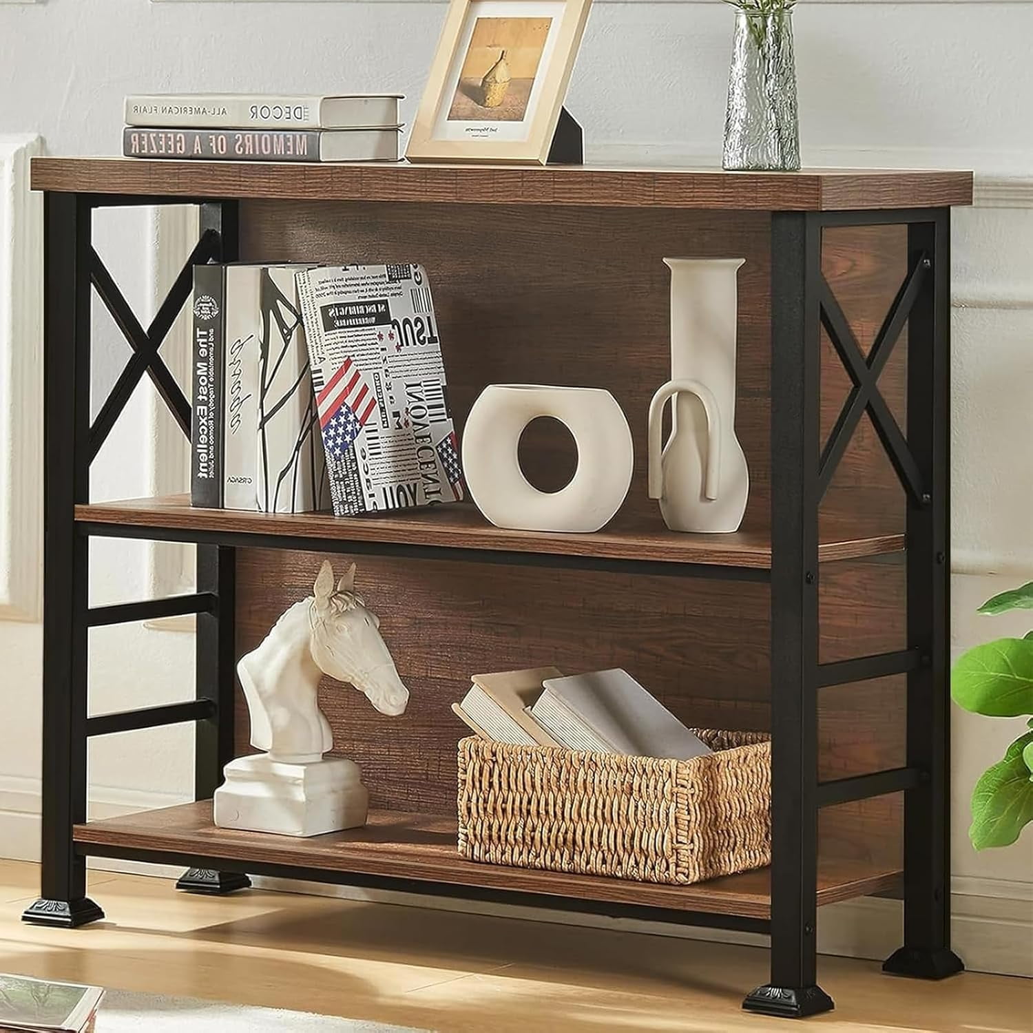 Book Shelf,3 Tier Short Bookshelf with Metal Frame and Backboard,Rustic ...