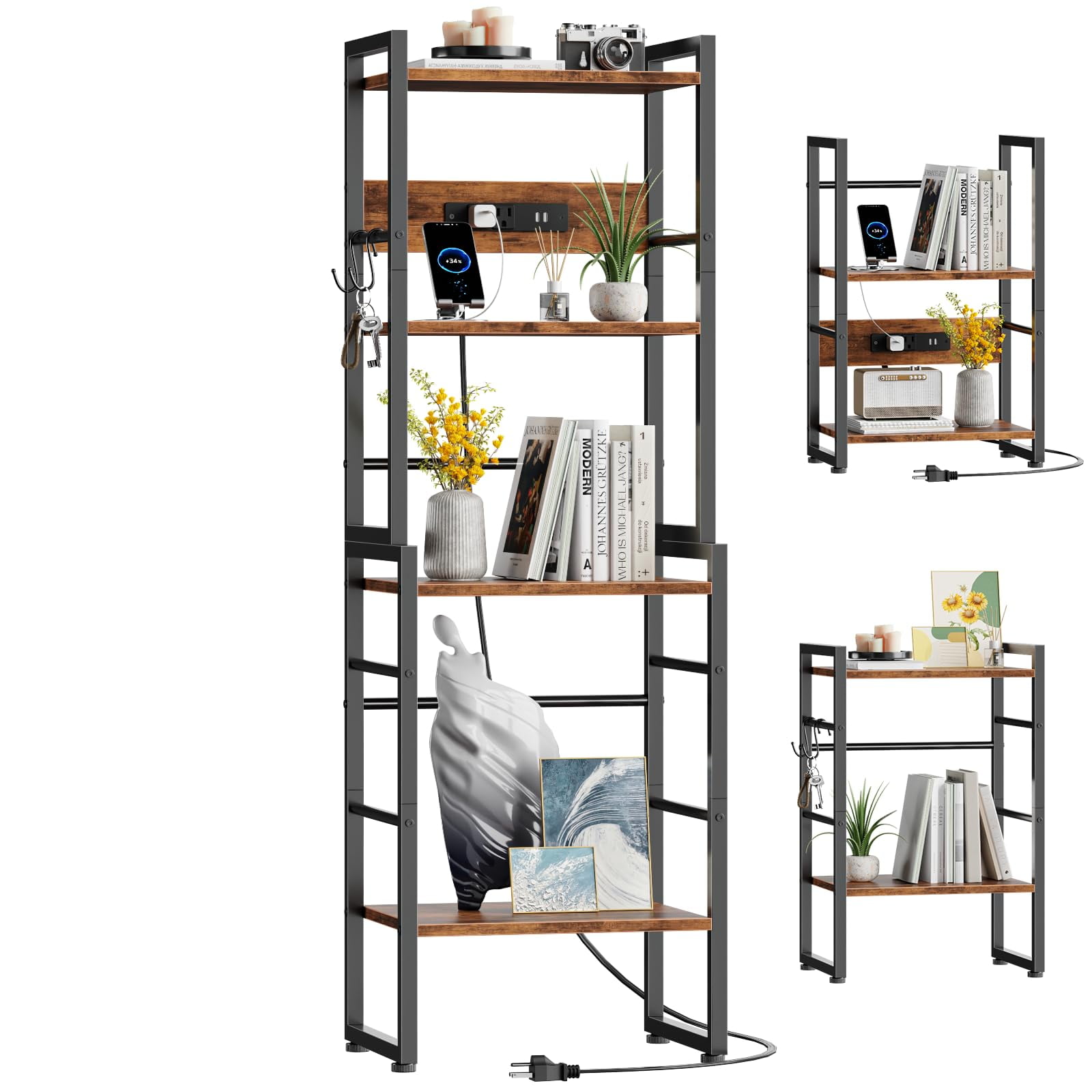 Book Shelf, 4 Tier Bookshelf with Charging Station, Industrial Small ...