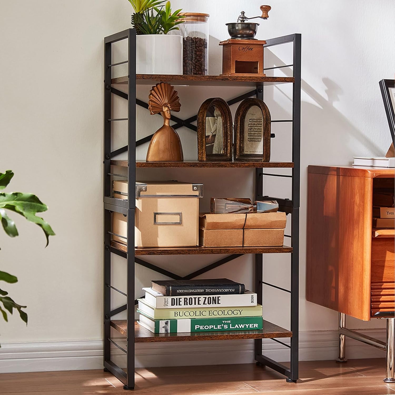 Book Shelf, 4 Tier Industrial Book case, Metal & Wood Small Bookshelf ...