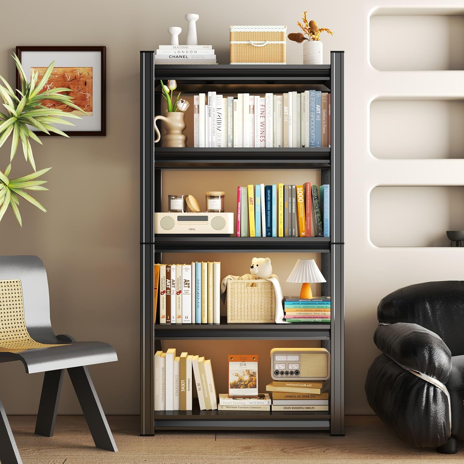 Book Shelf, 5 Tier Metal Bookshelf, Tall Book Shelves, Adjustable Book Shelves with Storage ...