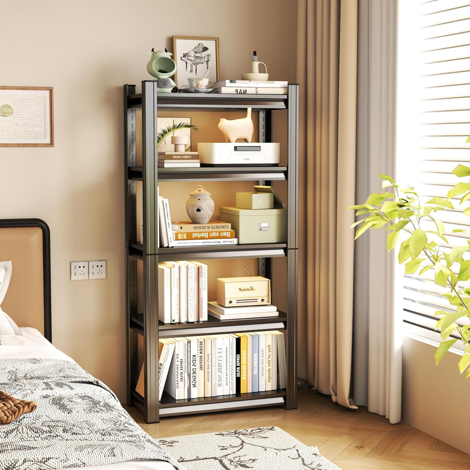 Book Shelf, 5 Tier Metal Bookshelf, Tall Book Shelves, Adjustable Book Shelves with Storage ...