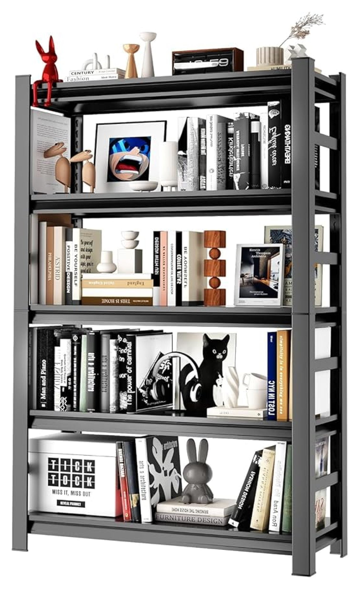 Book Shelf, 5 Tier Metal Wide Bookshelves, Adjustable Black Book Shelf ...