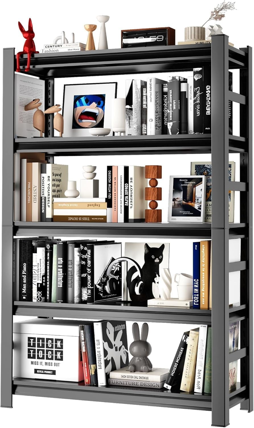 Book Shelf, 5 Tier Metal Wide Bookshelves, Adjustable Black Book Shelf ...