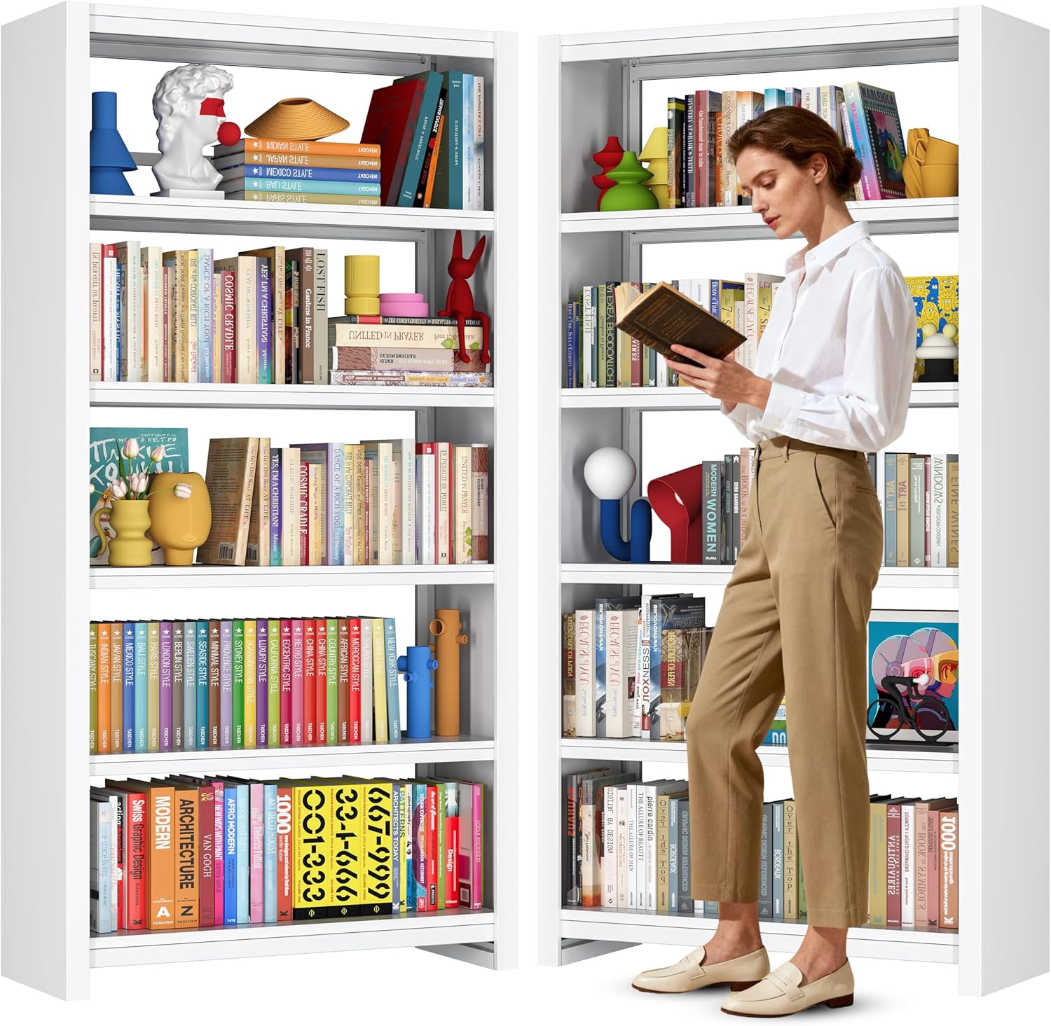 Book Shelf 69" H, 5-Tier Metal Shelving, Modern White Bookcase, Wide ...