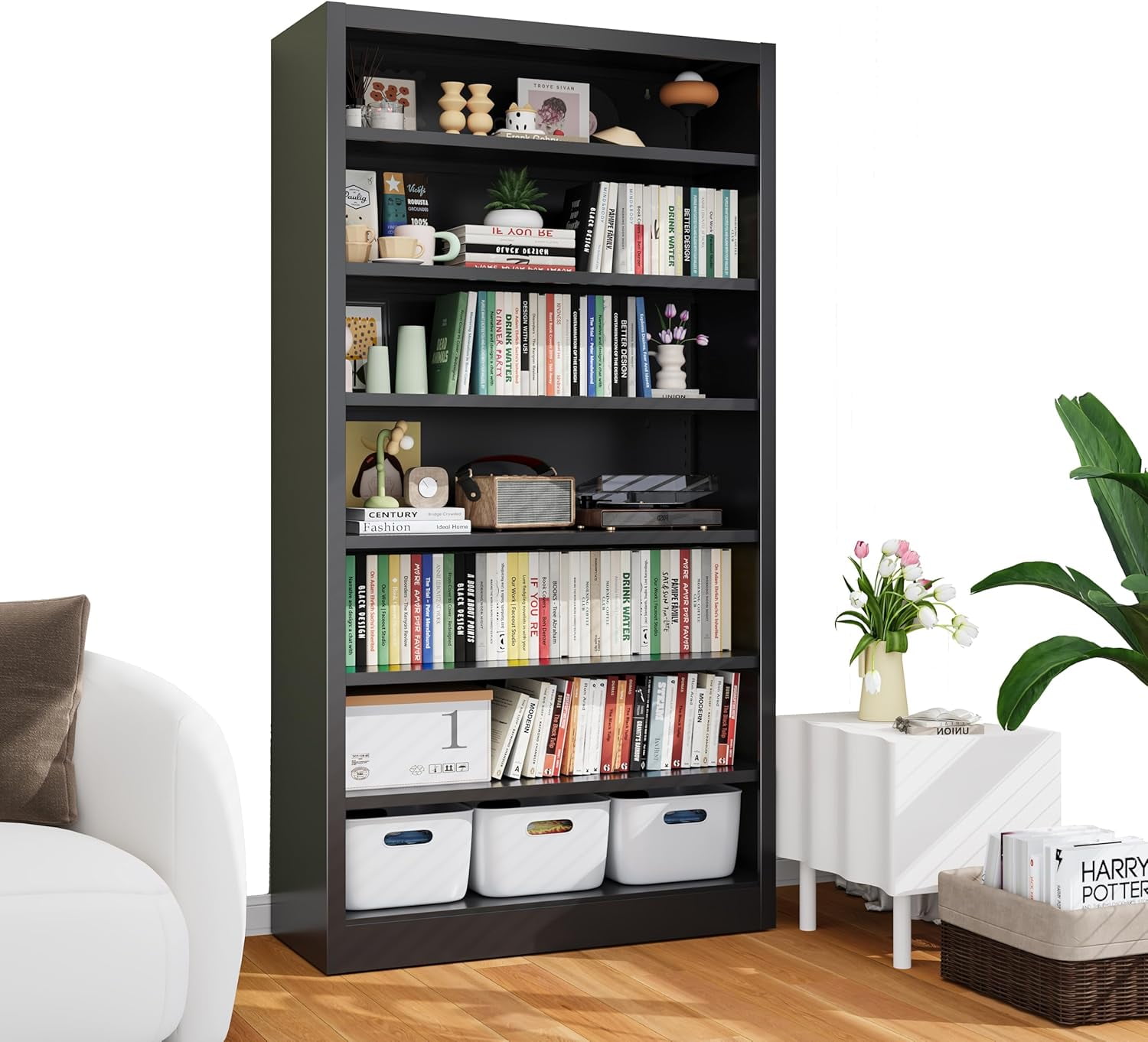 Book Shelf, 7 Tier Metal Bookshelf, 55" H Black Bookcase with Adjustable Storage Shelves, Heavy ...