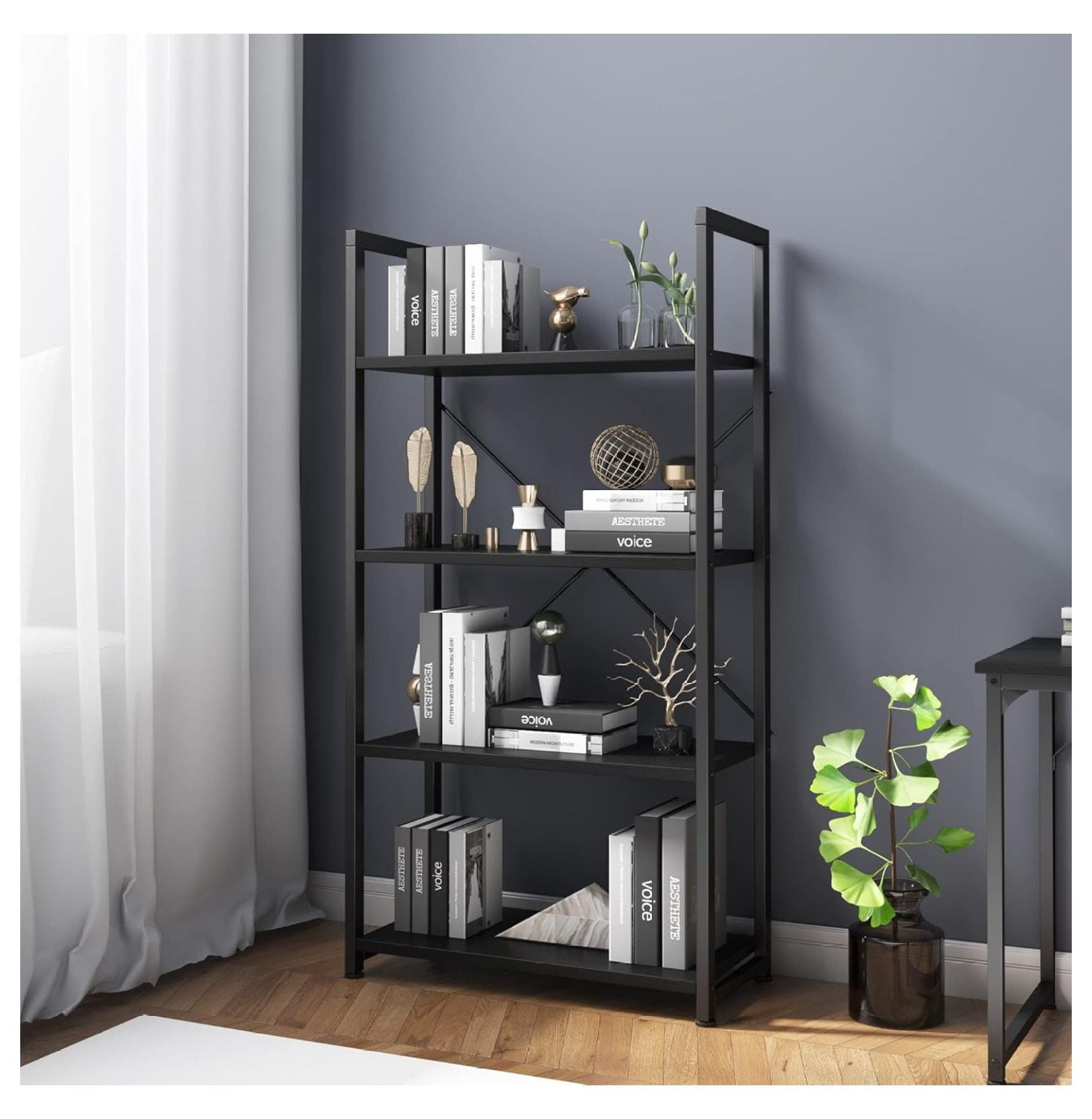 Book Shelf Black, 4-Tier 24 inch Bookshelf Shelving Unit, Wood Bookcase ...