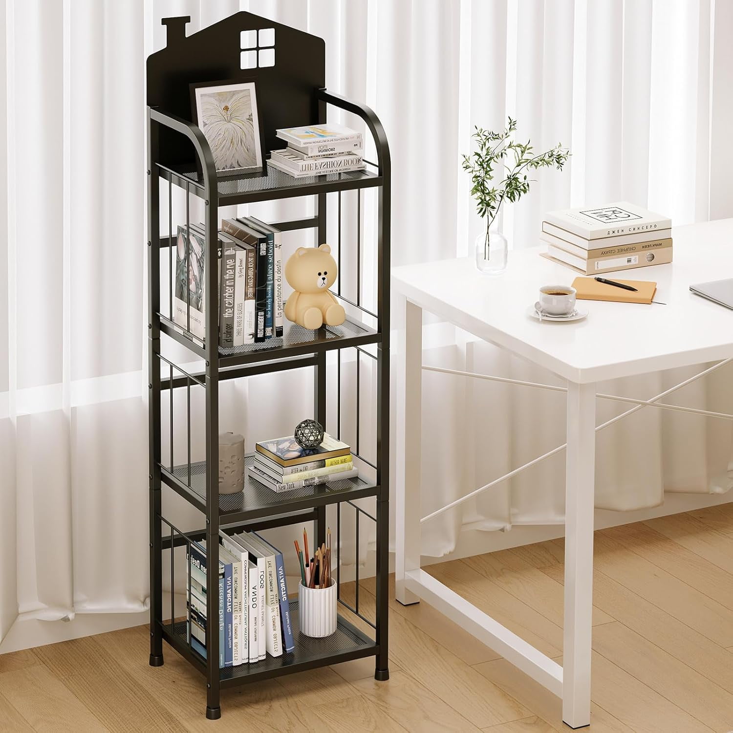 Book Shelf, Black Bookcase, Kids Small Bookshelf, 4-Tier Narrow Book ...