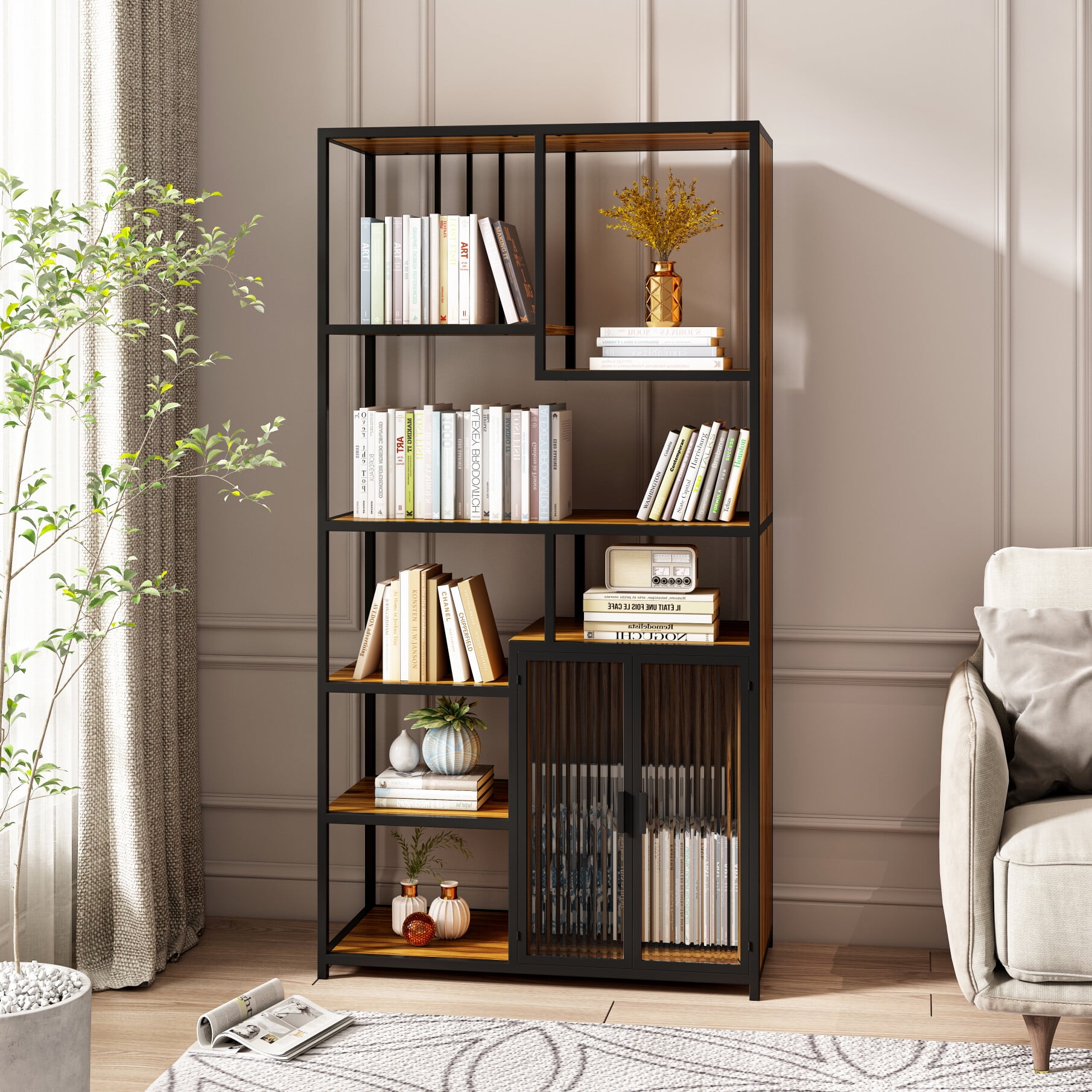 Book Shelf with Enclosed Storage Cabinet and 7 Open Storage Shelves,5 ...