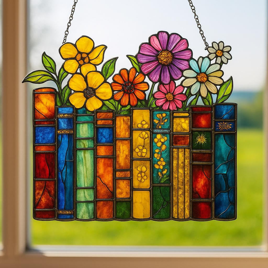 Book Shelf Flower Suncatcher, Acrylic Window Hanging Decor, Floral Book ...
