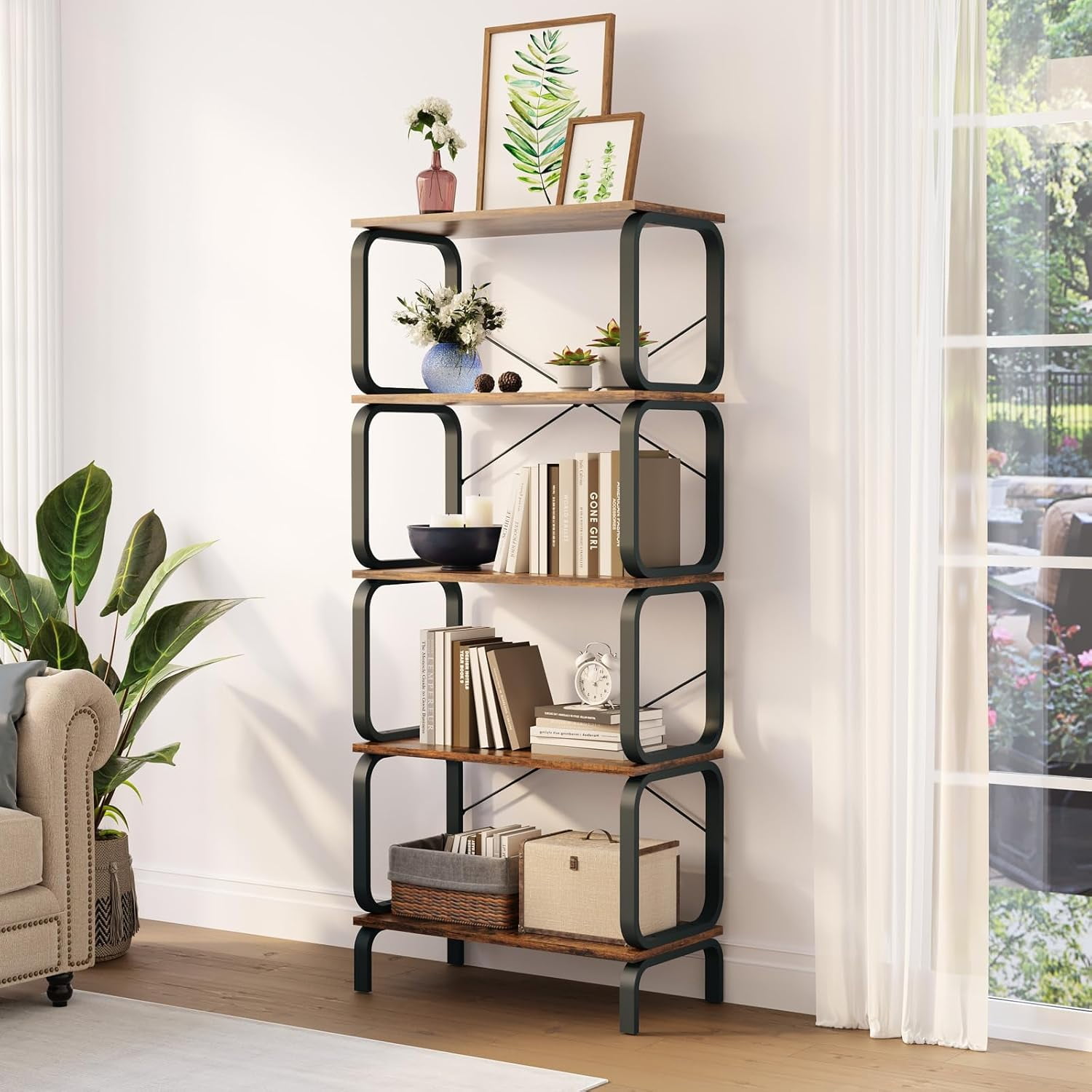 Book Shelf, Industrial 5 Tier Bookshelf, Tall Bookcase with 165lbs ...