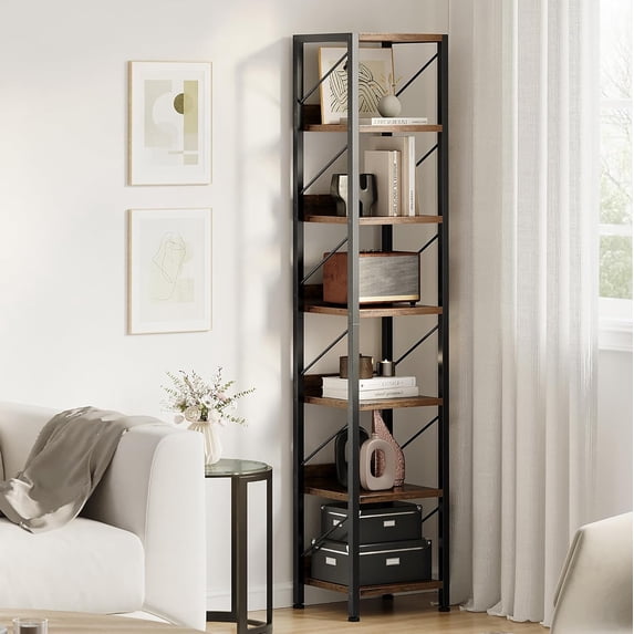 Book Shelf Narrow Bookshelf，Industrial Modern 6 Tier Bookcase with ...