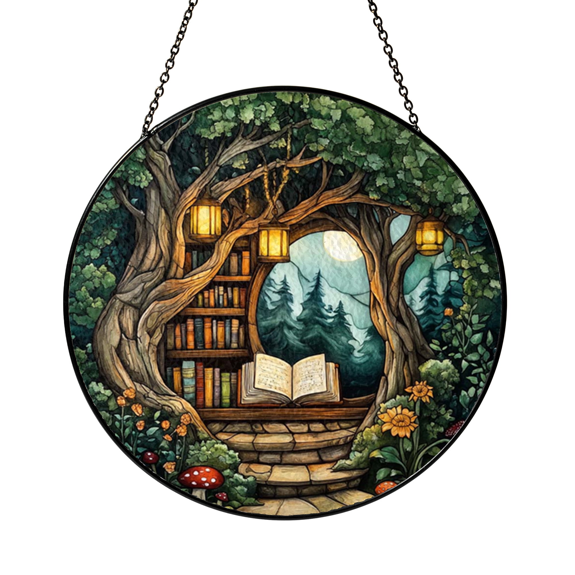 Book Shelf Scene Round Suncatcher – Stained Glass Style Window ...