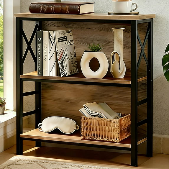 Book Shelf, Small 3-Tier Industrial Bookshelf with Strong Metal Frame ...