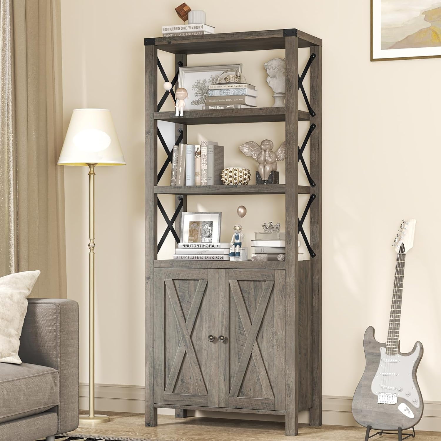 Book Shelf with Storage Cabinet, Farmhouse 5-Tier Bookshelf with Barn ...