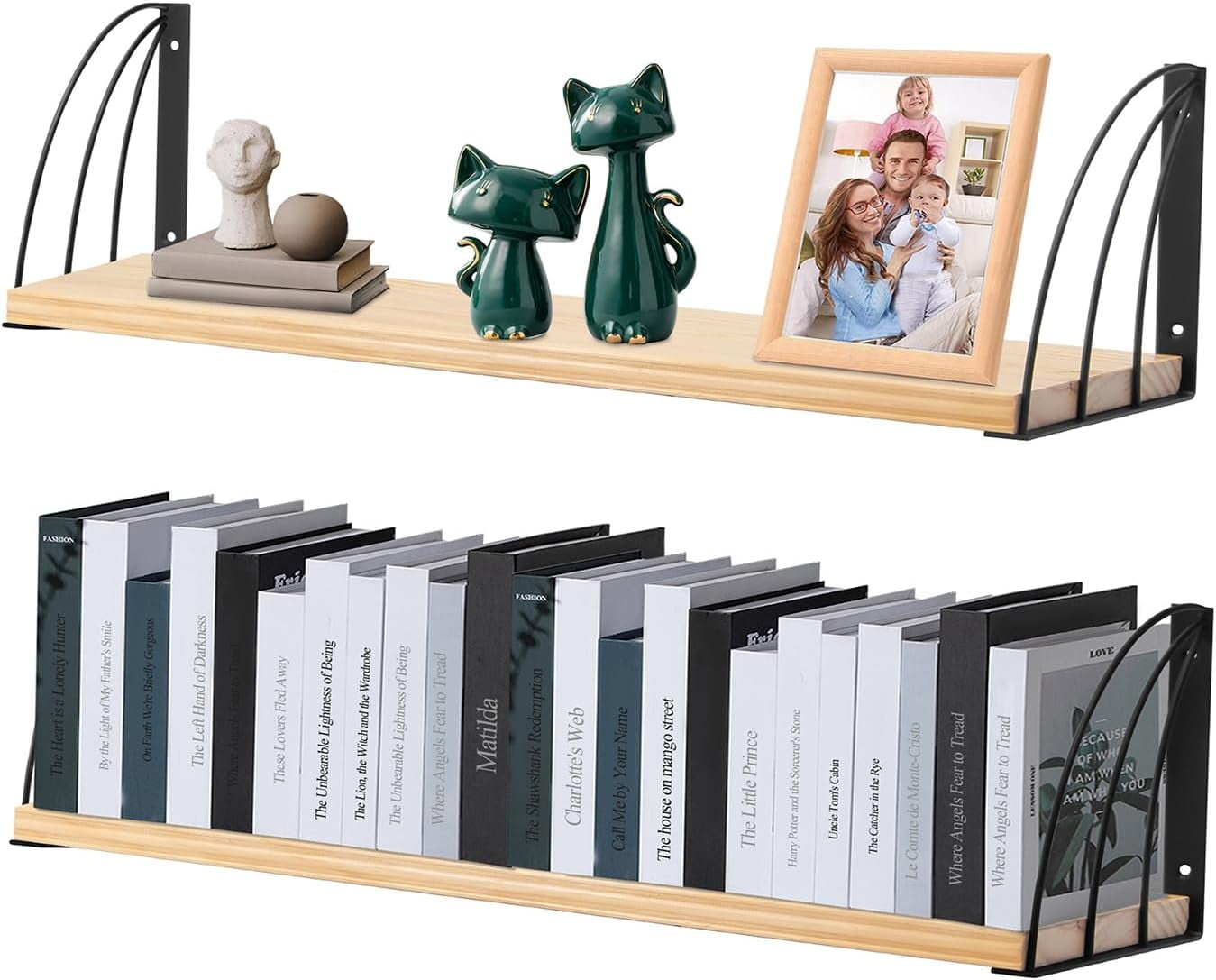 Book Shelf for Wall, Natural Wood Floating Shelf Set of 2,Wooden ...